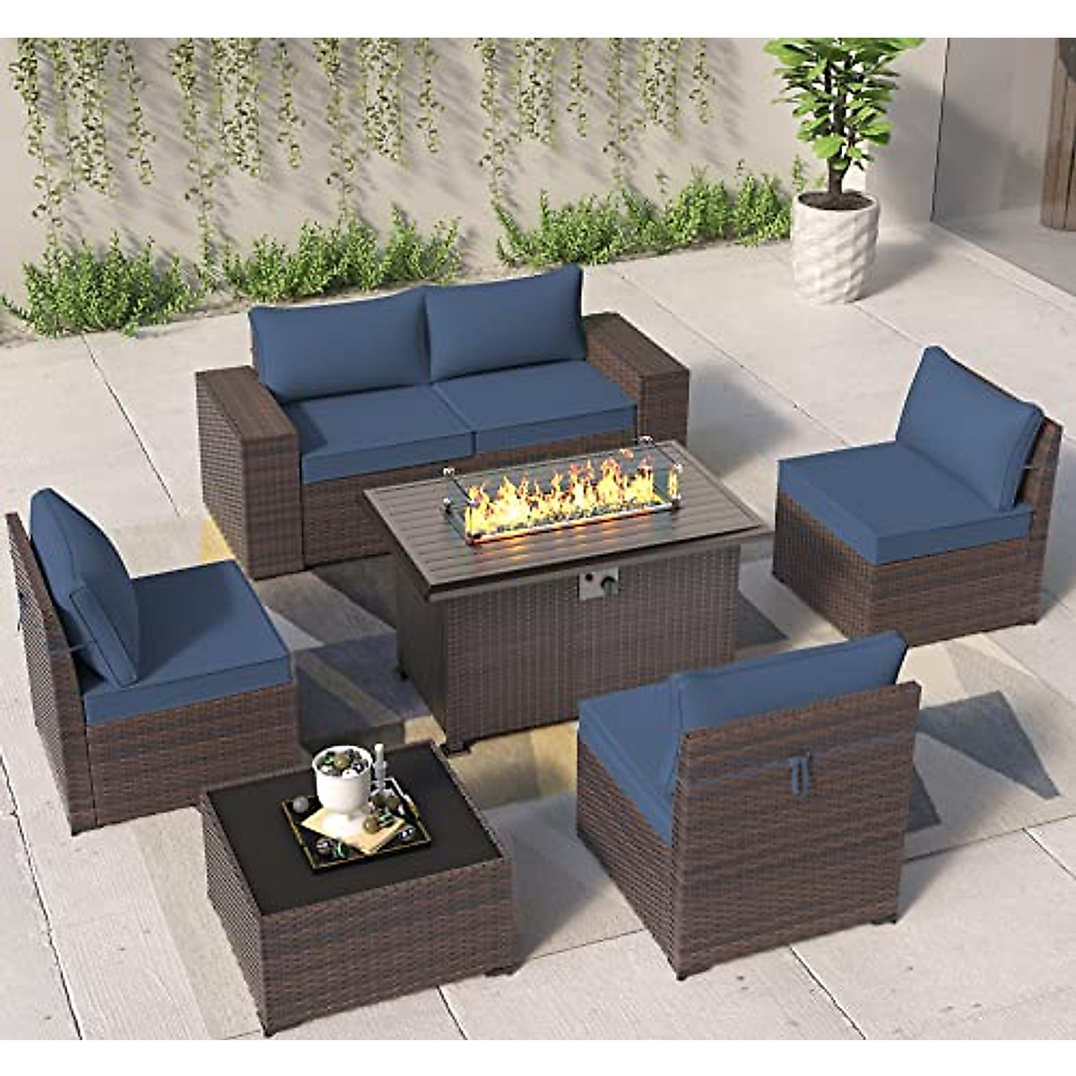 ASJMR Outdoor Patio Furniture Set with Gas Fire Pit Table, 7 Pieces Patio Furniture Set Outdoor Sectional Sofa w/43in Propane Fire Pit, PE Wicker Rattan Patio Conversation Set - Dark Blue