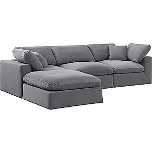 Meridian Furniture 189Grey-Sec4A Comfy Collection Modern | Contemporary Upholstered Modular Sectional, Soft Grey Velvet, Down Feather Cushions, 119" W x 79" D x 34.5" H, Grey