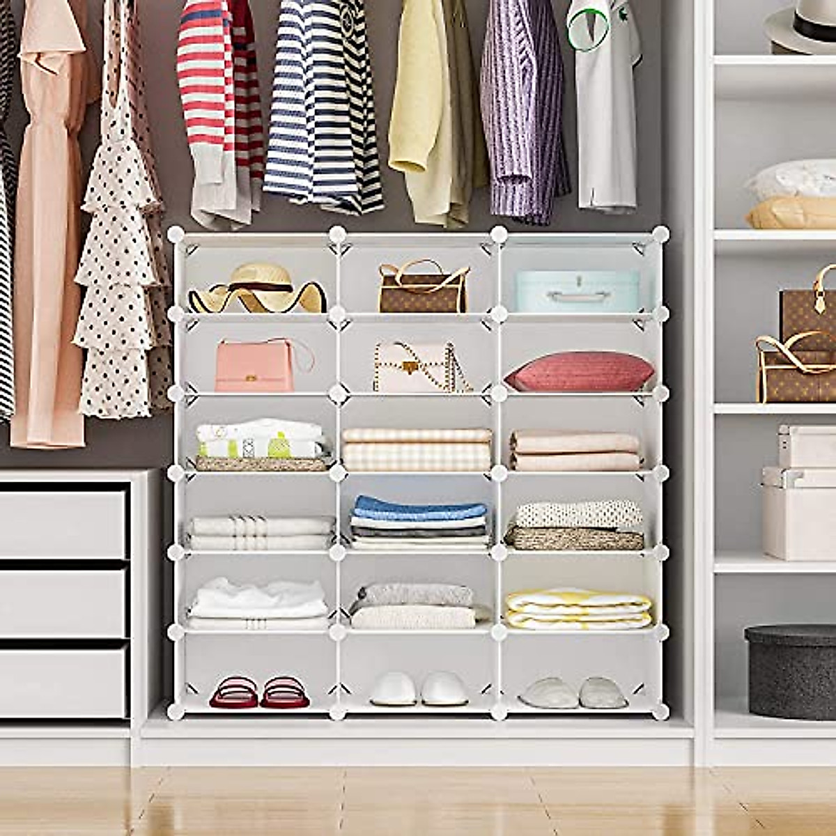 Aeitc Stackable Closet Organizer 6-Shelf Adjustable Space Saver Closet Storage for Folded Clothes and Accessory,White (18 Section)