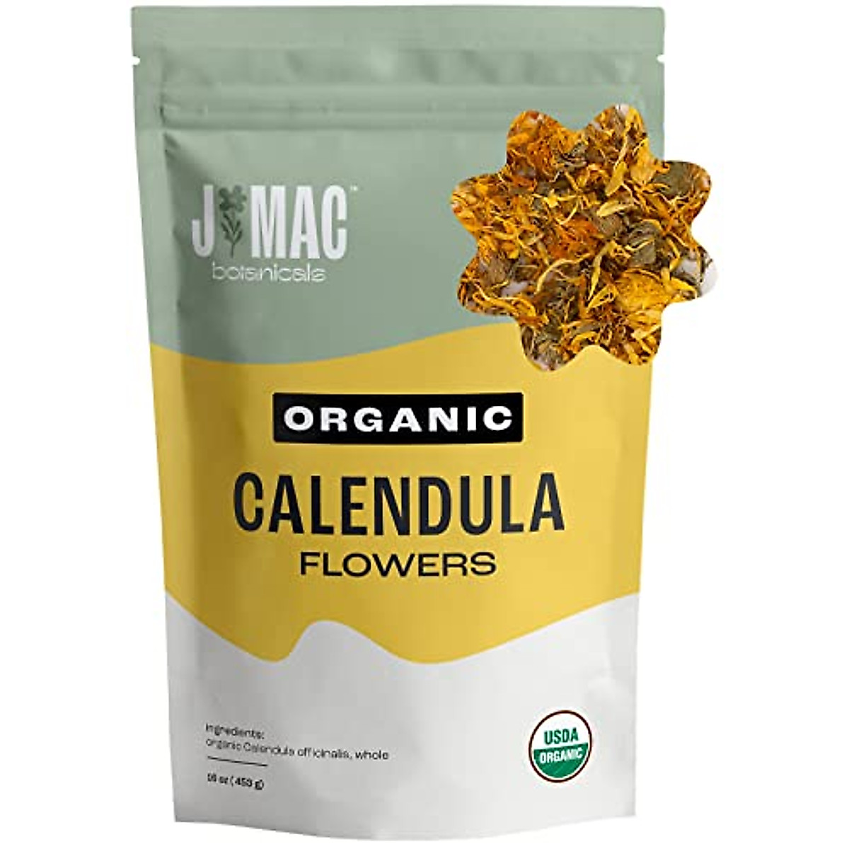 J Mac Botanicals, Organic Calendula Flower (16 ounce), whole dried flowers and petals, loose leaf tea, marigold flower, USDA Certified Organic. Great for loose leaf teas, cocktail bombs, salve