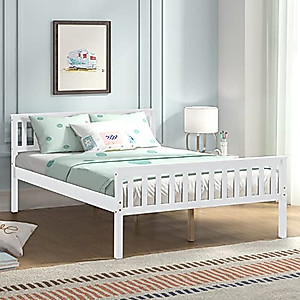 Prohon Full Size Platform Bed Frame with Vertical Openwork Design Headboard & Footboard, Wooden Slat Support with Large Underbed Storage Space, Simple Style Bedframe for Kids, Teen, Adults, White