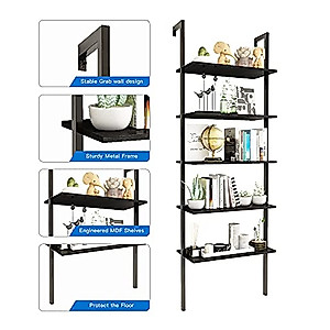 DKLGG 5-Tier Book Shelf Rack Against The Wall, Tall Ladder Shelf Wooden Bookcase Metal Frame Storage Plant and Flower, Single Standing Bookshelf Ladder ​for Living Room, Bedroom, Balcony, Home Office