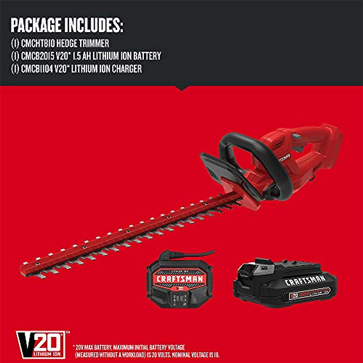 CRAFTSMAN V20 Cordless Hedge Trimmer, 20 inch, Battery and Charger Included (CMCHT810C1)