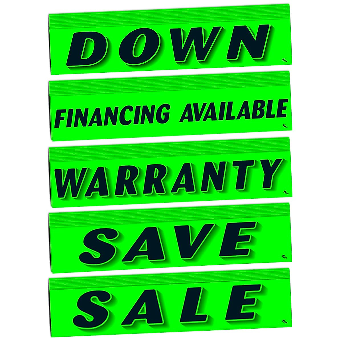 Versa Tags Windshield Slogan Stickers 12 Pack Each of Down, FINANCING Available, Warranty, Save, Sale (60) Window Stickers Total Dealership Stickers Black On Green