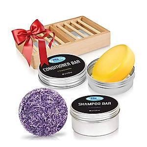 Miztag Home & Health Shampoo and Conditioner Bar Set - 5pcs with Holder & Travel Tins - Vegan, Sulfate-Free, Paraben-Free - Eco-Friendly Gift for Women