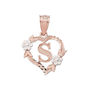 CaliRoseJewelry 14k Beautiful Two-Tone Initial Heart Pendant for Women in Rose and White Gold - Letter S