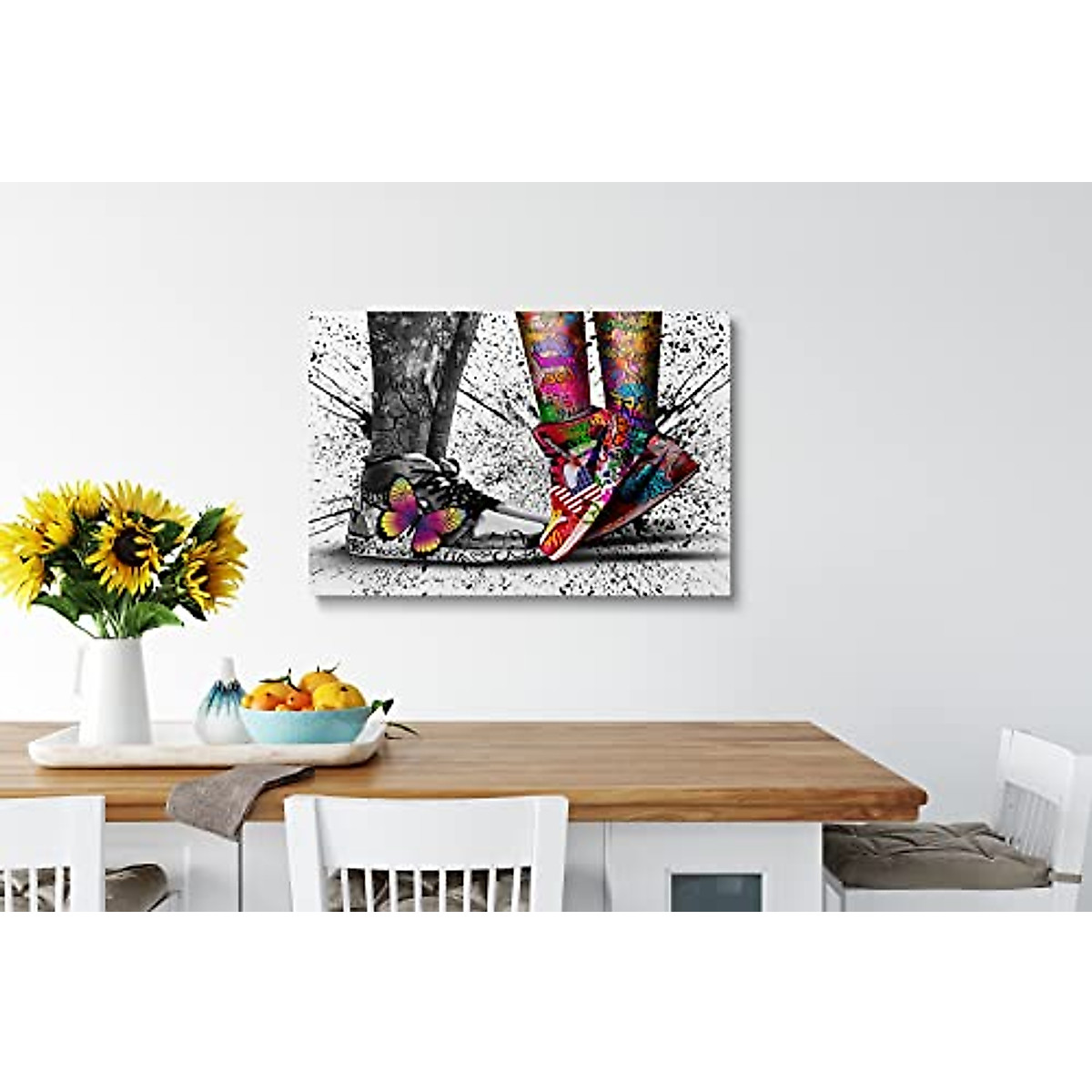 Framed Banksy & Graffiti Pop Shoe Sneaker Canvas Wall Art For Store Playroom Cool Dorm Room Decor Lovers Abstract Prints Gift For Boy & Girl Couple Ready To Hang - 12"x16"