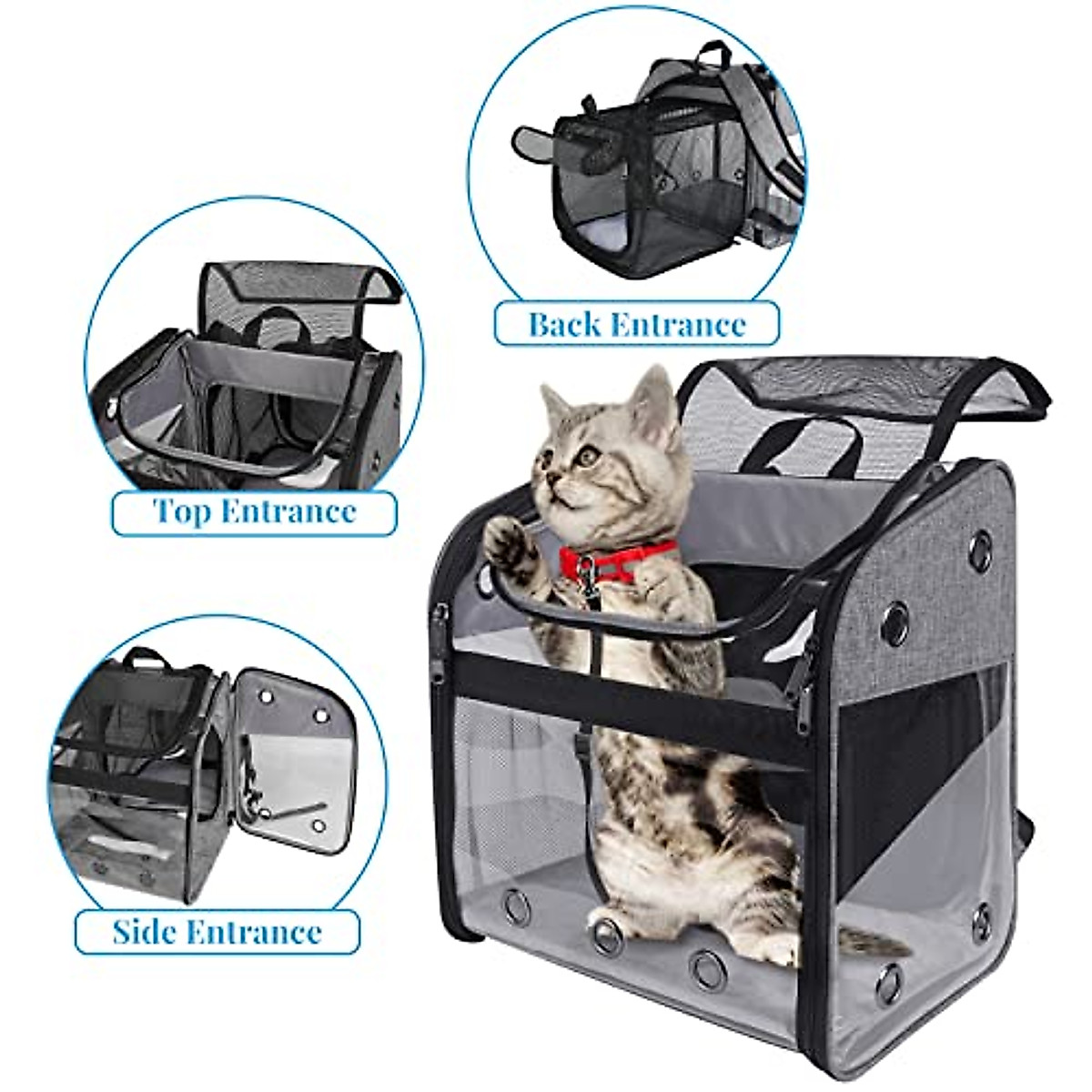 Expandable Cat Backpack Carrier, Breathable Mesh Pet Carrier Backpack for Cats, Dogs, Rabbits, Small Pets, Clear Foldable Cat Pack Backpack with Waist Pad for Walking, Travel, Hiking, Camping, Outdoor