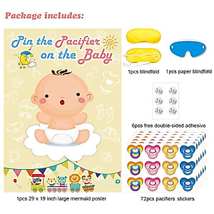 Hxezoc Pin The Pacifier On The Baby Game Large Baby Poster Games for Baby Shower Party Kids Birthday Party Supplies - 72 Pacifier Stickers