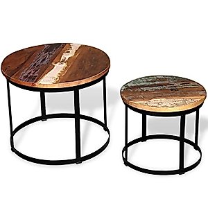 QJBSAVVA Two Piece Coffee Table Set Solid Reclaimed Wood Round 15.7"/19.7",Industrial Tables Floor Standing Table Cocktail Table Suitable for Meeting Rooms, Reception Rooms, Offices