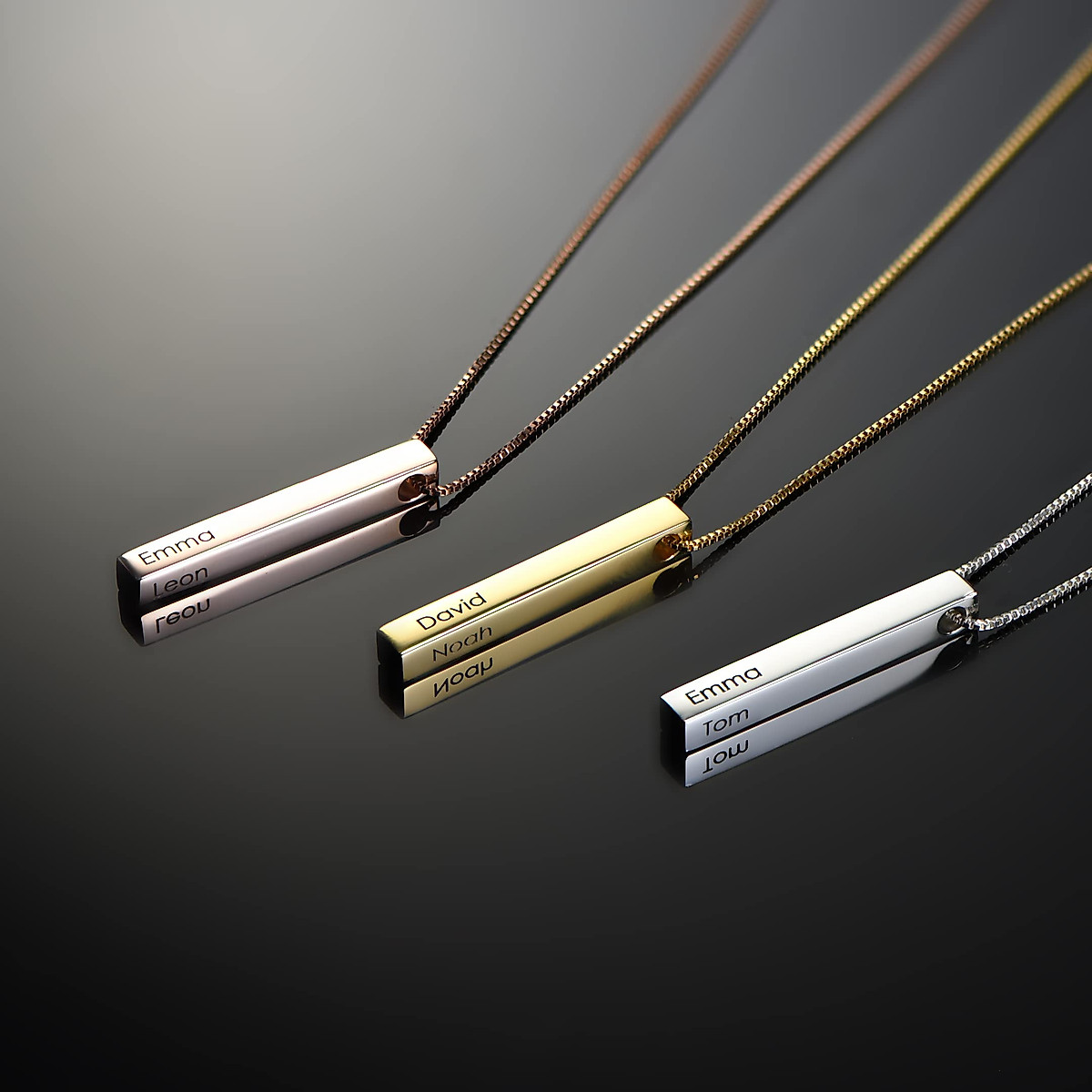 MYKA – Personalized 4-Sided Vertical 3D Bar Necklace Pendant – Custom Made Engraved Text - Jewelry for Gift for Mom, Her – Gift for Mother’s Day, Christmas, Birthday