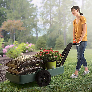 Simplay3 Yard and Garden Outdoor Cart - Long Handle Easy Turn 2 Wheel Heavy Duty Plastic Pull Cart for The Backyard 42 in. x 20 in. x 4 in. Bed, Green