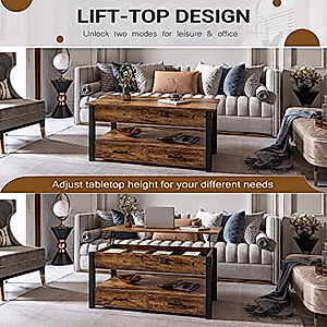 Osfvolr Lift Top Coffee Table, Coffee Table with Storage Drawers and Adjustable Metal Legs, Vintage Wood Living Room Tables with Hidden Compartment and Open Shelf, Brown
