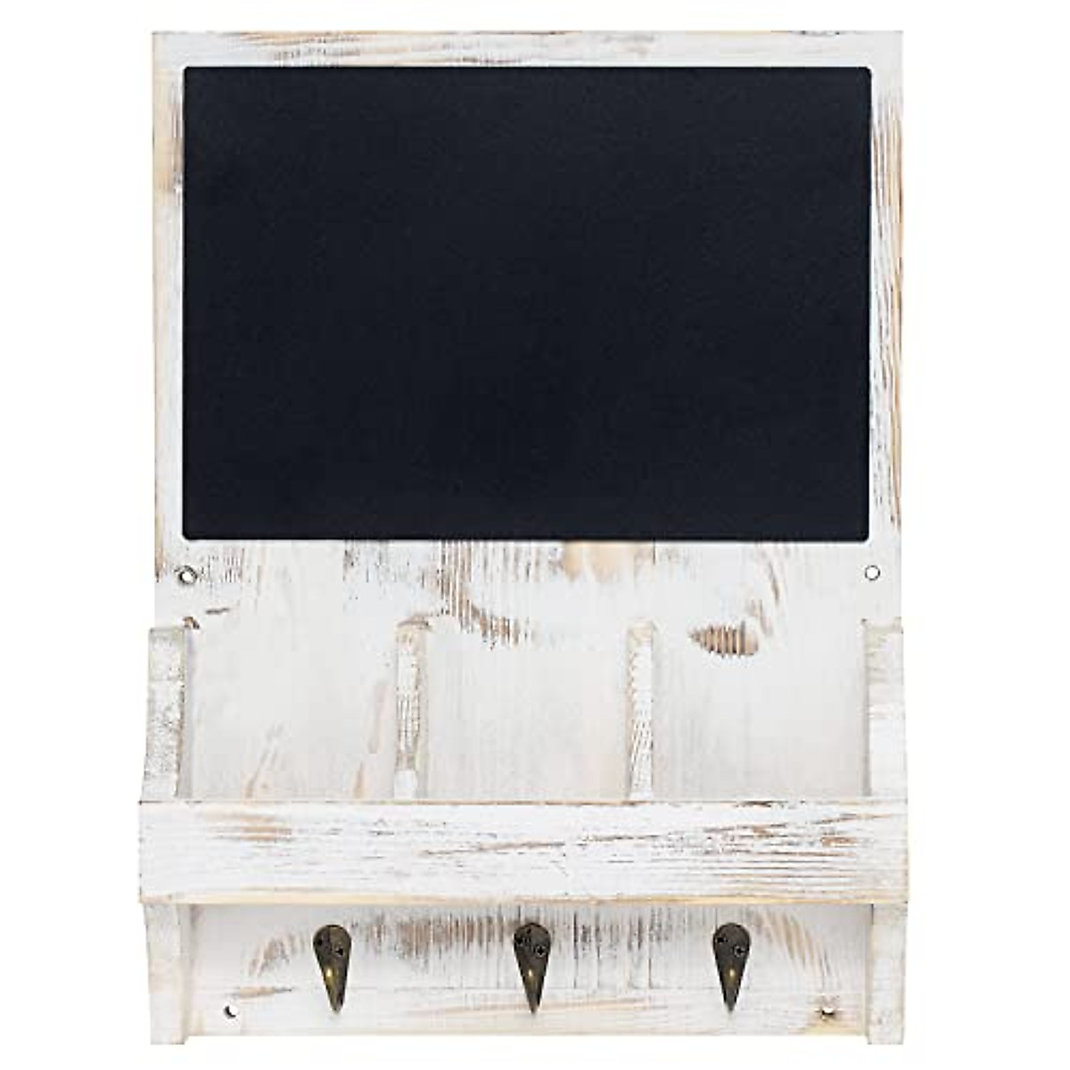 MyGift Whitewashed Wood Entryway Wall Organizer, Family Command Center Mail and Key Holder Rack with 3 Hooks, 3 Mail Slots and Chalkboard