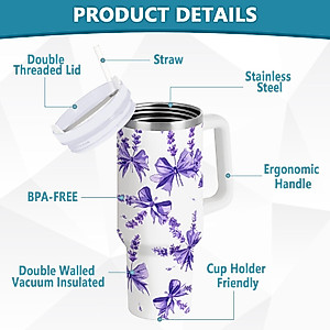FENOCHE Lavender Flower Bow Tie 40 oz Tumbler Insulated Cups Stainless Steel Water Bottle with Handle Lid and Straw Tumblers for Car Cup Holder