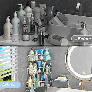 stusgo 4 Pack Corner Shower Caddy with Soap Holder, Adhesive Shower Shelves No Drilling, Rustproof Stainless Steel Bathroom Shower Organizer with Hooks, Shower Shelf for Inside Shower, Silver