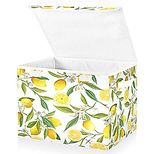 Storage Bins with Lid, Lemon Tree Flower Leaves Storage Box Organizer Toys Bedroom Nursery, 16.5"x12.6"x11.8" Large Collapsible Storage Cube for Home Office Closet Shelf