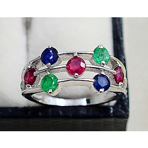 Natural Ruby Emerald Sapphire Mix Gemstone 4 MM Round Cut 925 Sterling Silver Cluster Unisex Proposal Ring For Christmas Gift (Rhodium Plated Silver, 11)