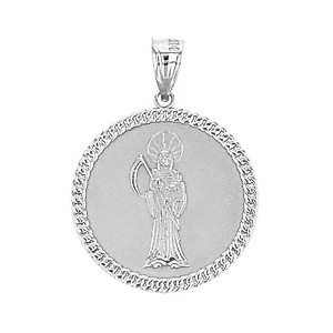 Sterling Silver Santa Muerte (Grim Reaper) Cuban Link Frame Round Medal Pendant