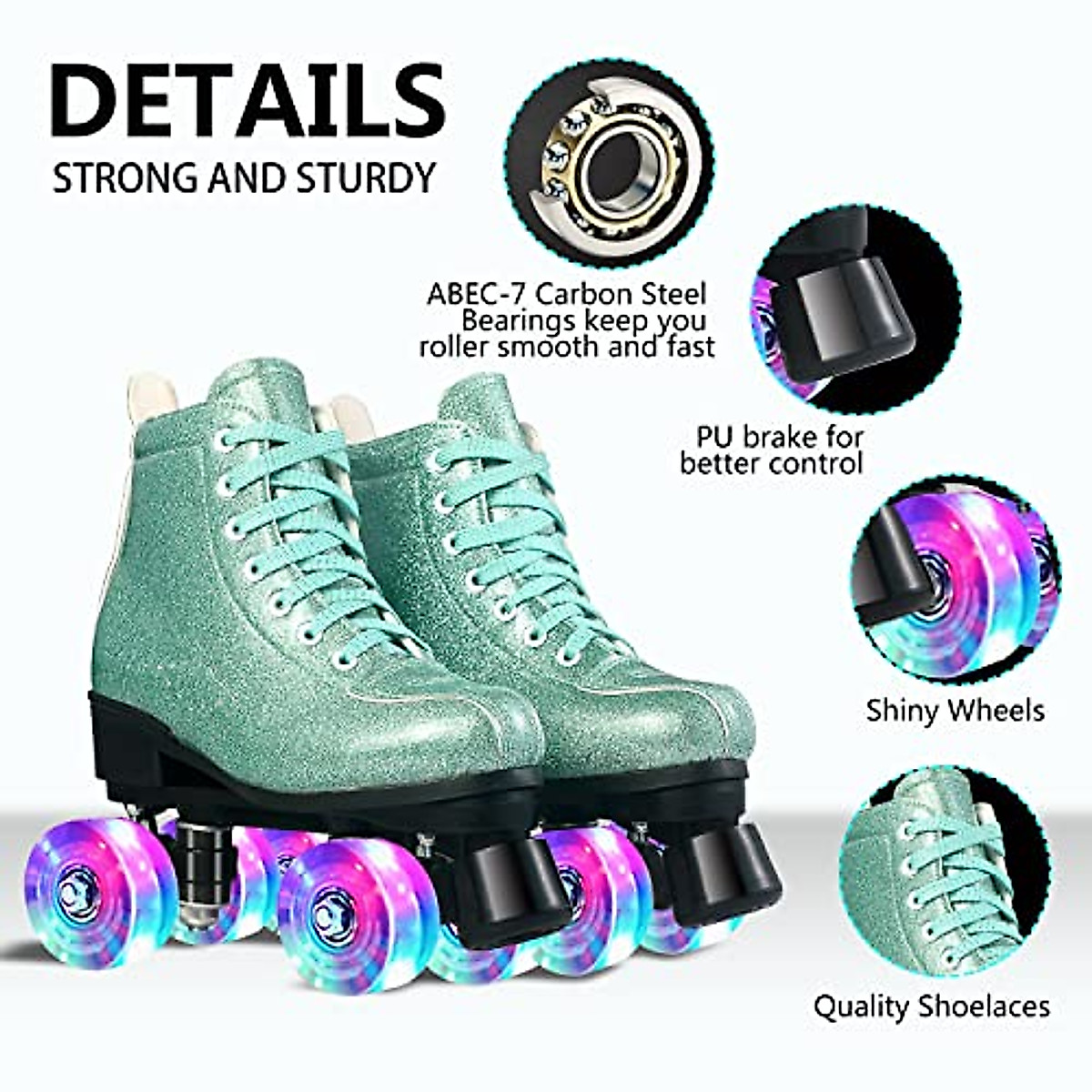 PERZCARE Roller Skate Shoes for Women/Girls,Retro 4 Wheels Quad PU Leather High-top Skates,Men/Boys Indoor Outdoor Shiny Roller Skates for Youth/Adult Unisex