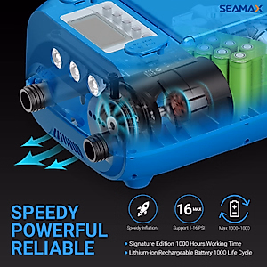 Seamax Sup 16DB PRO Double Stage 16PSI Electric Air Pump with Built-in Battery for Inflatable SUP and Boat, Intelligent Firmware with Built-in Temperature Sensor and Timer