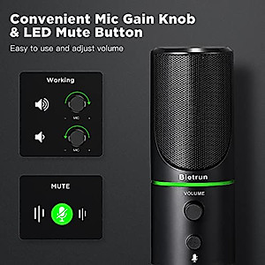 Bietrun UMKF01 Noise Reduction USB Microphone, Cardioid Pickup Pattern, Plug and Play, Adjustable Heavy-Duty Stand, 1-Year Warranty