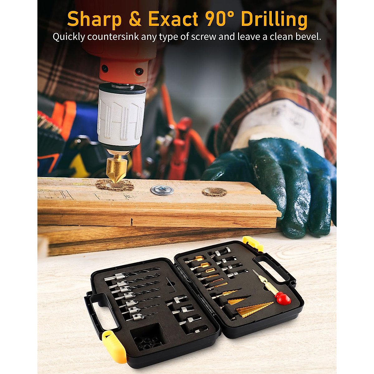 ZORUNNA 34 Pcs Woodworking Chamfer Drilling Tools Including 6 Countersink Drill Bit Set, 7 Countersink Drill Bit, 8 Plug Cutters for Woodworking, 3 Step Drill Bit and 8 Drill Stop Bit Collar Set.