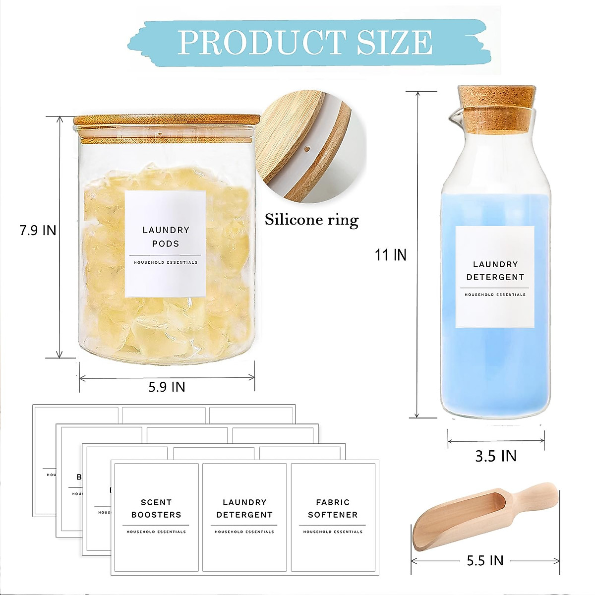 Glass Laundry Detergent Dispenser Set, Fabric Softener Dispenser, 3 Pack Laundry Detergent Jar & Laundry Bottles, Liquid Detergent Containers, Scent Booster & Bleach Dispenser for Laundry Room