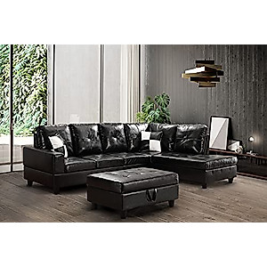 BIADNBZ Sectional Sofa with Right Chaise Lounge PU Faux Leather Couch for Living Room, Storage Ottoman, 2 Pillows, Black
