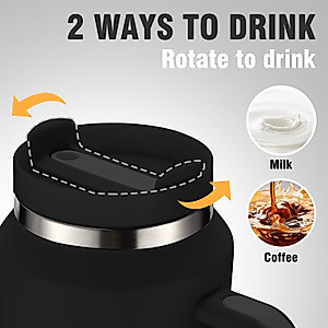 PlanetFlame 64oz Insulated Tumbler with Handle, Stainless Steel Double Wall Vacuumn Water Bottle, Lid and Straw for School, Gym, Hiking & Camping, Black