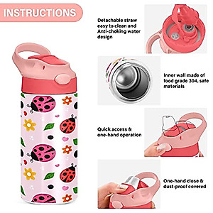 ALAZA Cute Ladybug Flower on Pink Background Kids Water Bottles with Lids Straw Insulated Stainless Steel Water Bottles Double Walled Leakproof Tumbler Travel Cup for Girls Boys Toddlers 12 oz,Pink