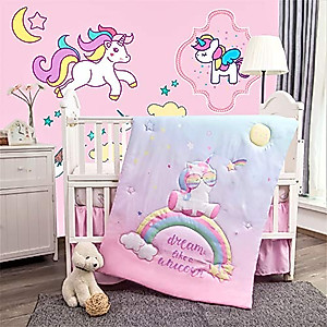 La Premura Unicorn Baby Nursery Crib Bedding Set for Girls – Baby Unicorn & Rainbows 3 Piece Standard Size Crib Bedding Sets in Pink, Yellow & Green