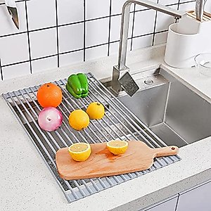 Roll Up Dish Drying Rack Drain Board Drainers, Over The Sink Dish Drying Rack for Kitchen Counter Foldable Dish Drainer Sink Warm Grey 20.5x13