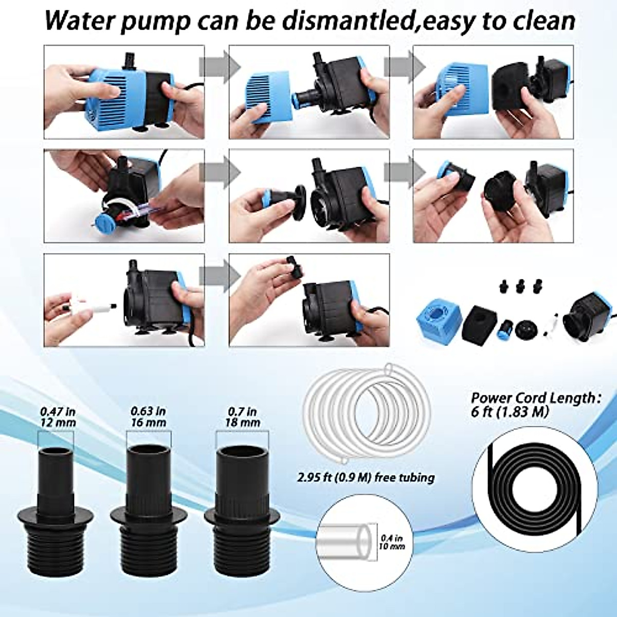 HUWLUIWA 160GPH Submersible Water Pump with 3.3 ft Tube & Filter Sponge,12W Mini Ultra Quiet Fountain Water Pump with 3 Nozzles for Aquariums, Pond, Fish Tank, Water Feature