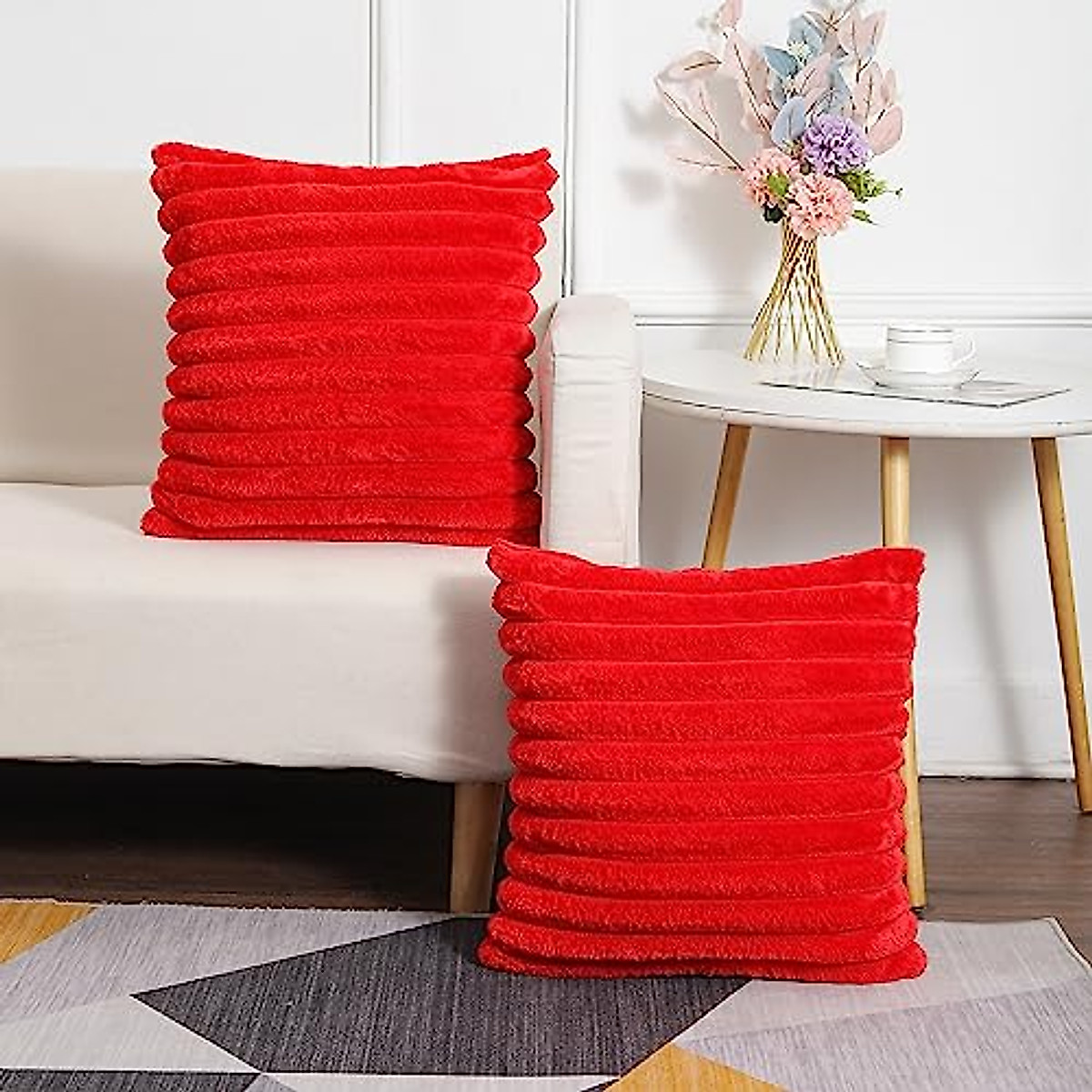 wyooxoo Pack of 2 Double-Side Faux Fur Plush Throw Pillow Covers 18x18 Soft Fluffy Striped Decorative Pillow Covers for Couch Sofa Bed Living Room (18"x18", Red)