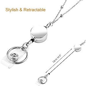 Retractable Badge Reel Lanyard with ID Holder for Women, Will Well Fashion Beaded Lanyard Stainless Steel Necklace with Water Resistant Name Badge Holder, Silver