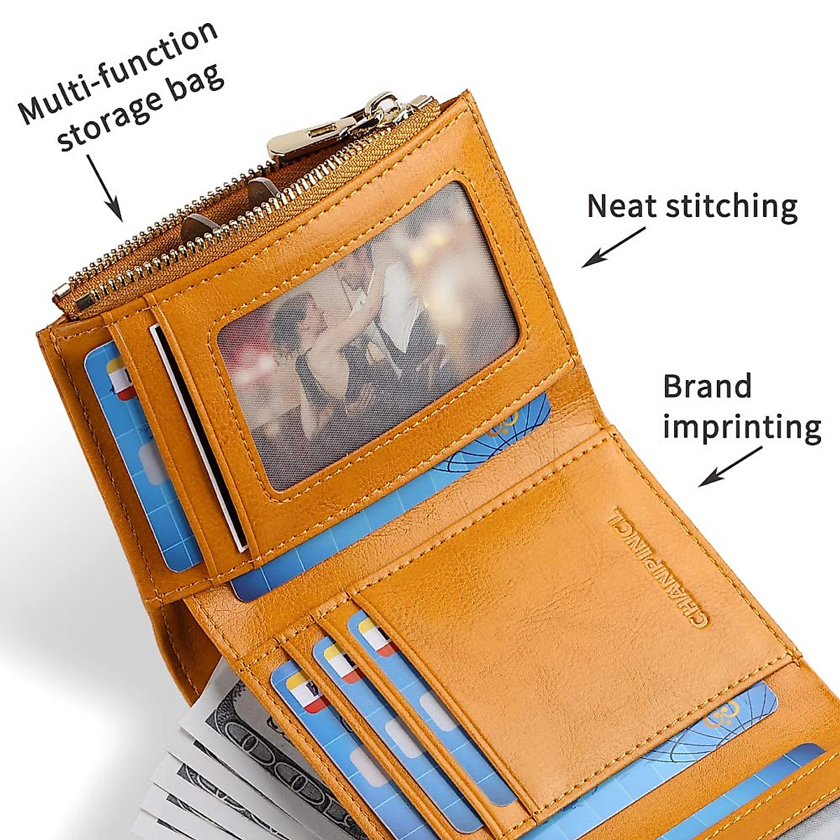 CHANPINCL RFID Vintage short women's wallet safe large-capacity coin purse double large banknotes multi-card wallet (Yellow)