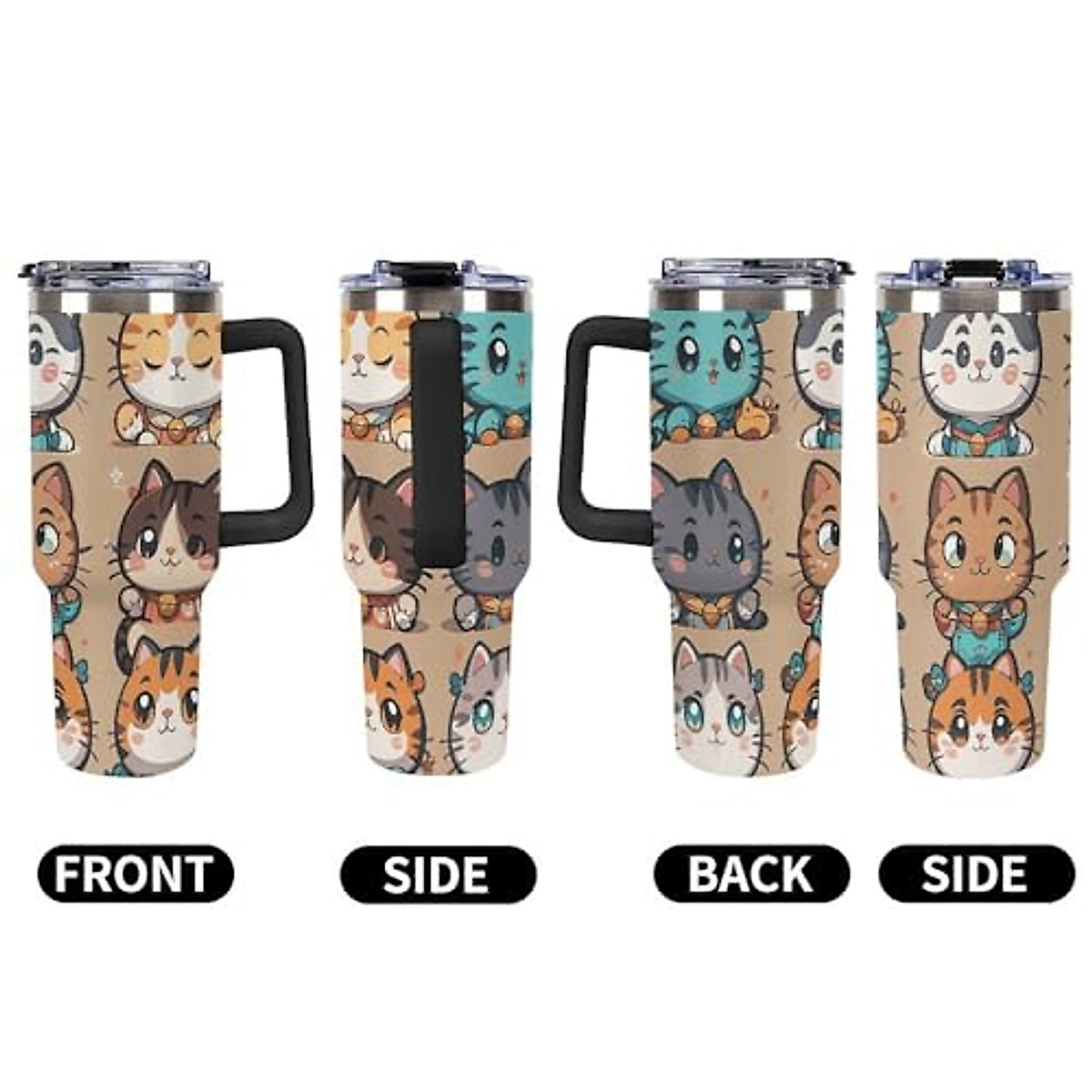 Many Cartoon Cats Insulated Stainless Steel Travel Mug, 40 Oz Tumbler with Handle And Straw Double-Wall Vacuum Coffee Cup, Leak-Proof Lid, Keeps Drinks Hot/Cold for Hours