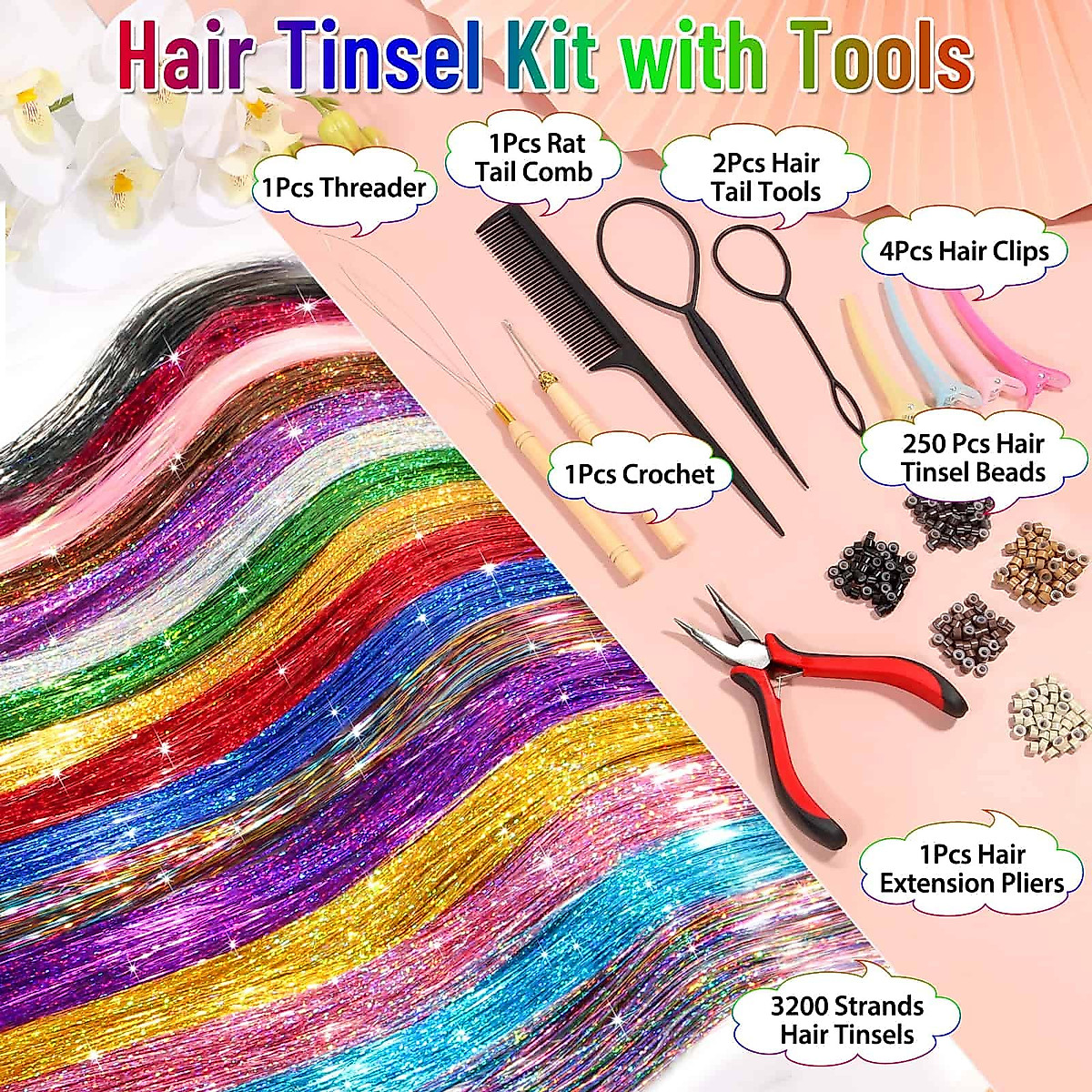 Hair Tinsel Kit (48 Inch, 16 Colors, 3200 Strands), Glitter Sparkling Tinsel Hair Extensions with Tools, Heat Resistant Fairy Hair Tinsel Kit for Women Girls Cosplay Party Festival Hair Accessories