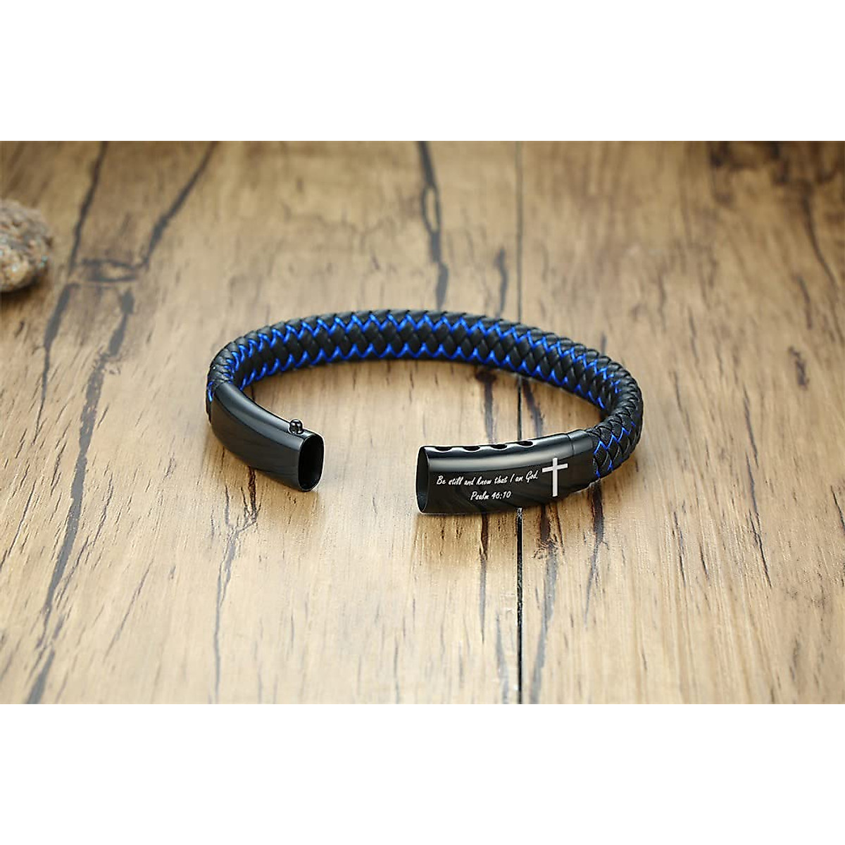 MEALGUET Be still and know that I am God. Psalm 46:10 Bible Verse Religious Bracelets Christian Cross Scripture Engraved 2-tone Black Blue Braided Leather Bracelet for Men