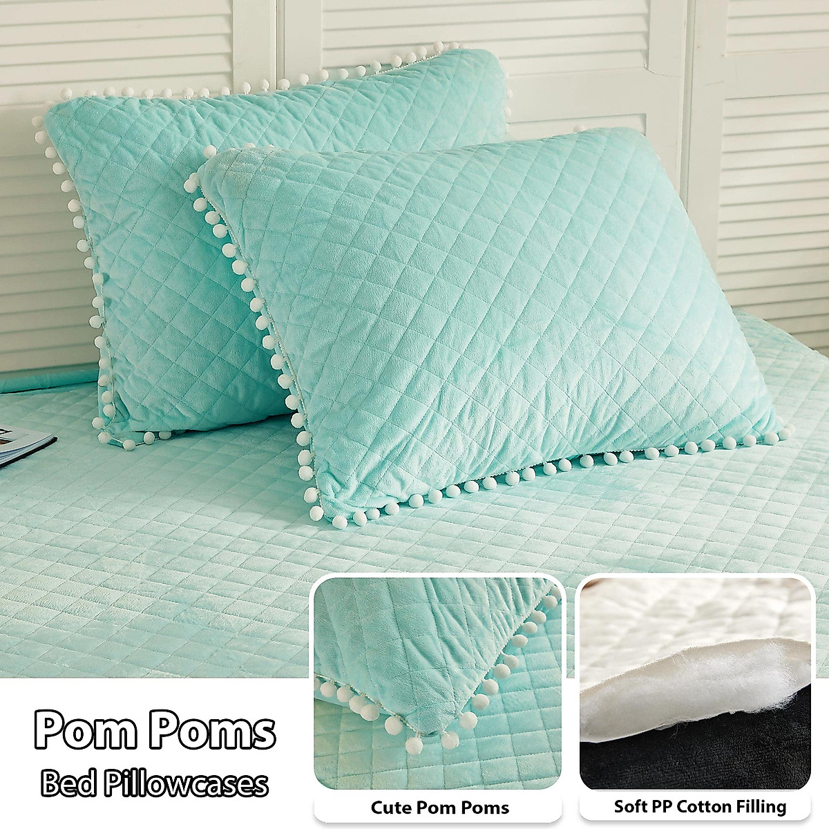 LIFEREVO Luxury Plush Shaggy Duvet Cover Set, Soft Velvet Fluffy Furry Duvet Cover Set(1 Faux Fur Fuzzy Comforter Cover + 2 Pom Poms Pillow Cases) Solid Bedding Set, Zipper Closure(Full/Queen, Mint)