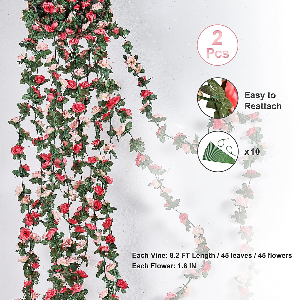 BLEUM CADE 2Pcs 16.4Ft Flower Garland Artificial Rose Vines for Bedroom, Cute Fake Hanging Flower Vines Floral Garland Decorations for Wedding Party Wall Room Decor Aesthetic