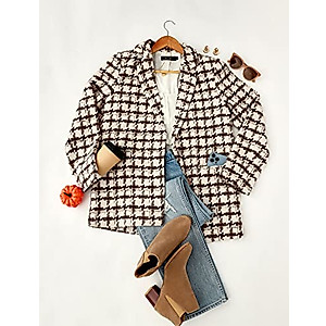 MEROKEETY Women's Long Sleeve Notch Lapel Fashion Plaid Jacket Coat Open Front Pockets Blazer Suit, Brown, L
