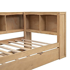 HomSof Size Daybed with Trundle,L-Shaped Bookcases,Storage Cabinets and USB Ports, Twin-L, Wood