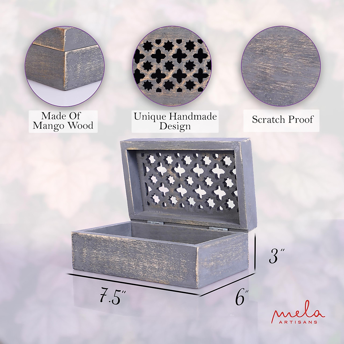 Mela Artisans Medium Keepsake Box with Hinged Trellis Lid - Distressed Dove | Wooden Decorative Box | Keepsake Memory Box | Mango Wood Storage Box | Store Trinkets, Cards & Stash | 7.5” x 4.5” x 3