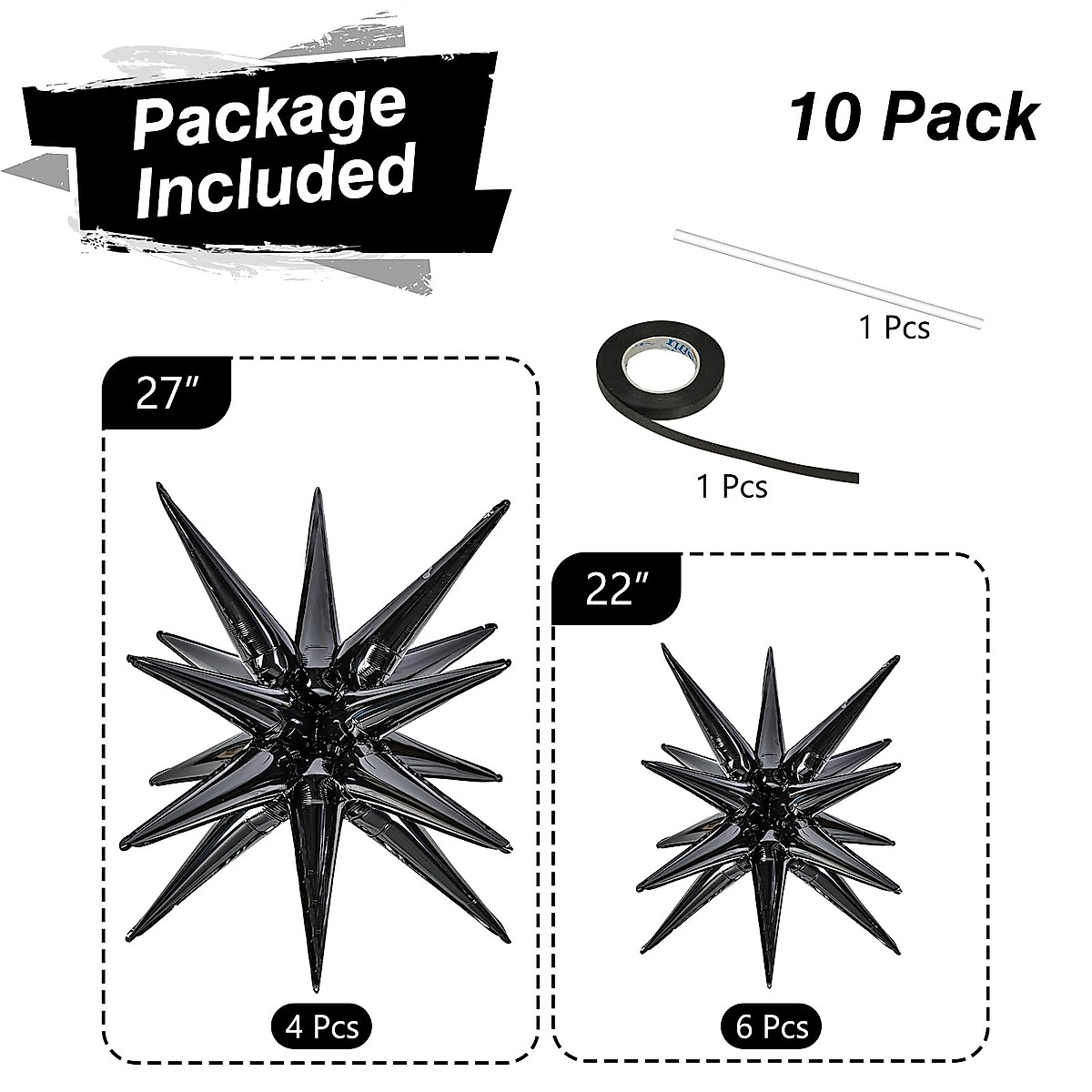 RUBFAC 10 Pcs Black Star Balloons, 14 Point Explosion Star Balloons, 22/27Inch Black Foil Starburst Balloon for Birthday Baby Shower Wedding Disco Party Decorations Supplies