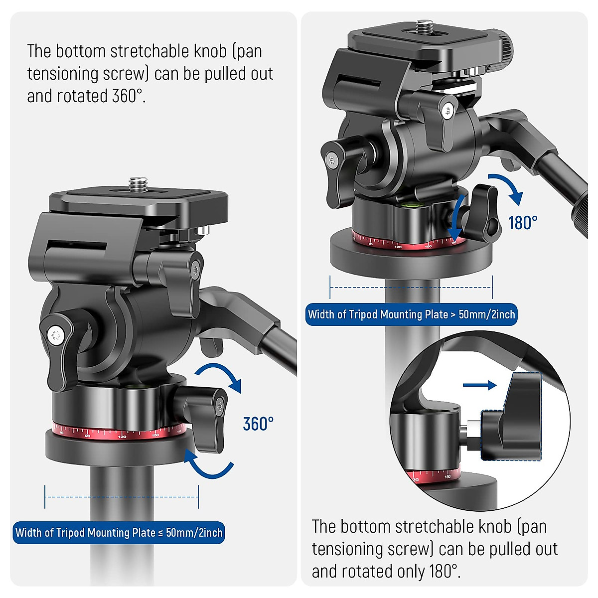 NEEWER Video Tripod Head Upgraded with Vertical/Horizontal Switch, Compact Metal Pan Tilt Fluid Head with Arca Type QR Plate & Telescopic Handle, 1/4” Screw for Camcorder/DSLR, Max Load 3kg, GM26