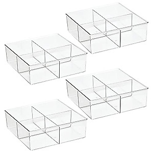 mDesign Plastic 4 Compartment Divided Drawer and Closet Storage Bin - Organizer for Scarves, Socks, Ties Bras, and Underwear - Dress Drawer Organizer, Shelf Organization - 4 Pack - Clear