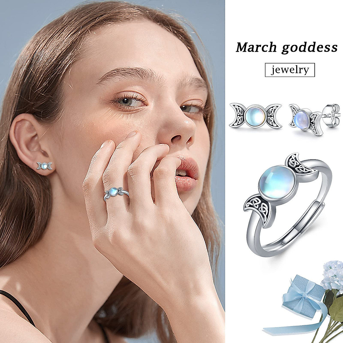 lotus & leaf Triple Moon Goddess Ring Sterling Silver Moonstone Jewelry Pagan Wiccan Ring Triple Moon Goddess Gifts for Women