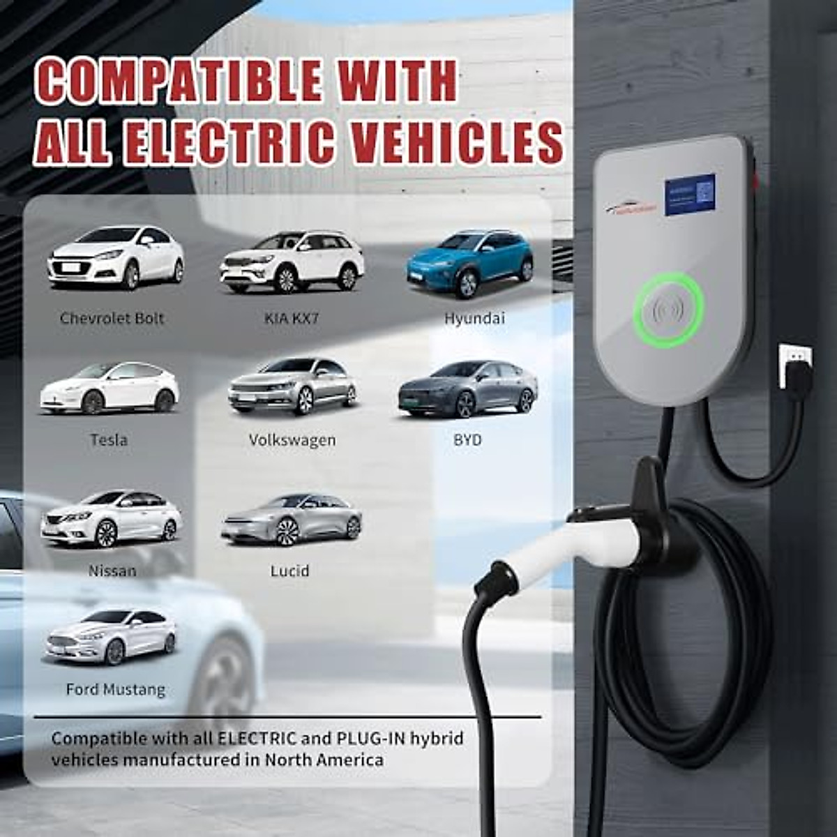 TopAutoGear EV Charger for Tesla & SAE J1772 Electric Cars - 48A Level 2, Bluetooth and WiFi App Control, 25FT Cable, NEMA14-50 Plug, Indoor/Outdoor Universal Fast Charging Station